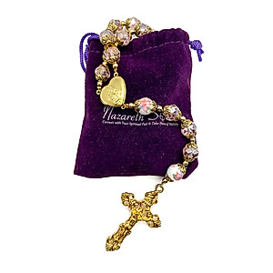 Nazareth Store Catholic Pink Crystal Beads Gold Rosary Flowers Beaded Necklace Holy Mary Heart Locket Medal & Cross Religious Amulet for Women