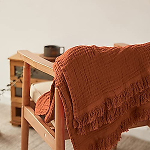 Simple&Opulence Cotton Muslin Throw Blanket for Bed, Couch, Knit Woven Gauze Blanket with Tassels, Soft Lightweight Cozy Pre-Washed Breathable Farmhouse Decoration for All-Season (Rust Orange)