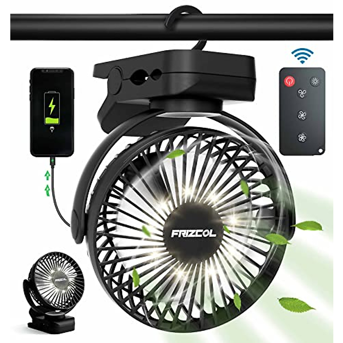 Portable Clip on Fan 65 Working Hours, Camping Fan with LED Lights & Hook, 12000 Capacity Battery Operated Fan with Clamp, USB Rechargeable for Desk, Tent, Treadmill, Stroller, Golf Cart, Home