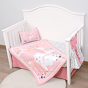 JISEN 5 Piece Crib Bedding Set for Girls Unicorns Baby Girl Bedding Crib Set Nursery Bedding Sets - Crib Quilt Crib Sheet Pillowcase Crib Skirt Diaper Stacker