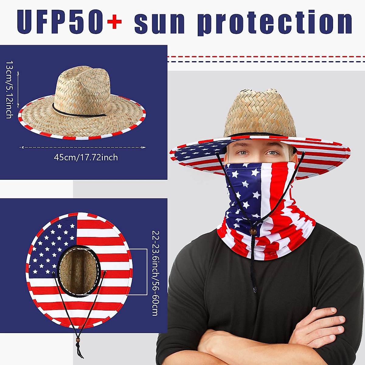 4 Pcs Independence Day USA Sun Straw Hat and Cooling Neck Gaiter Face Mask Set American Flag Hat Straw Beach Hat America Sweat Wicking Neck Gaiter for Men and Women UV Sun Protection