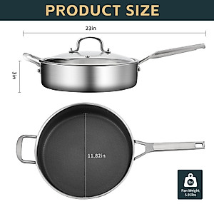 Saute Pan with Lid 5 Quarts,12.5 Inch 18/10 Tri-Ply Nonsitck Large Frying Pan, Up to 600℉ Full Clad Stainless Steel 3 Layer Deep Frying Pan with Stay Cool Handle, Dishwasher and Metal Utensil Safe