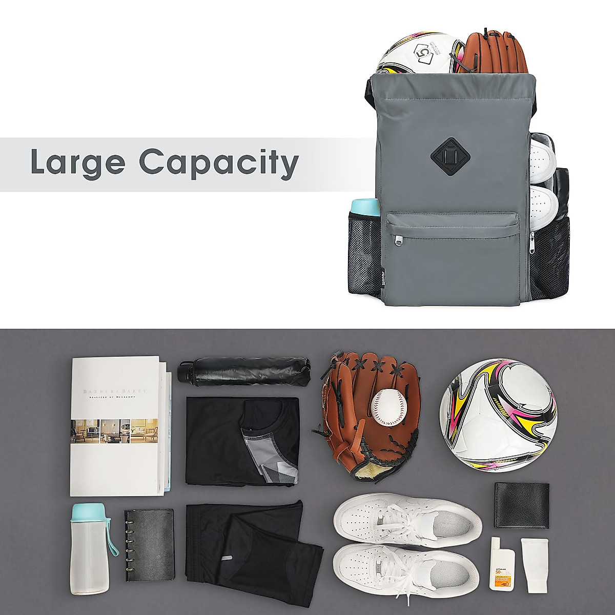 WANDF Drawstring Backpack Sports Gym Bag with Shoes Compartment, Water-Resistant String Backpack Cinch for Women Men(Large,Grey)