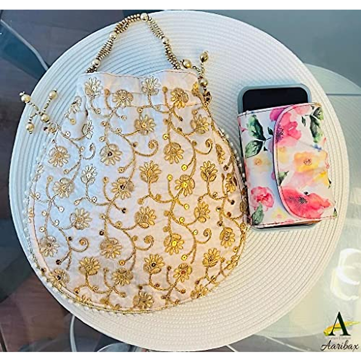 Embroidered Indian Ethnic Potli Bag for Women. Traditional, Handmade, Perfect for Weddings and Other Special Occasions (Gold)