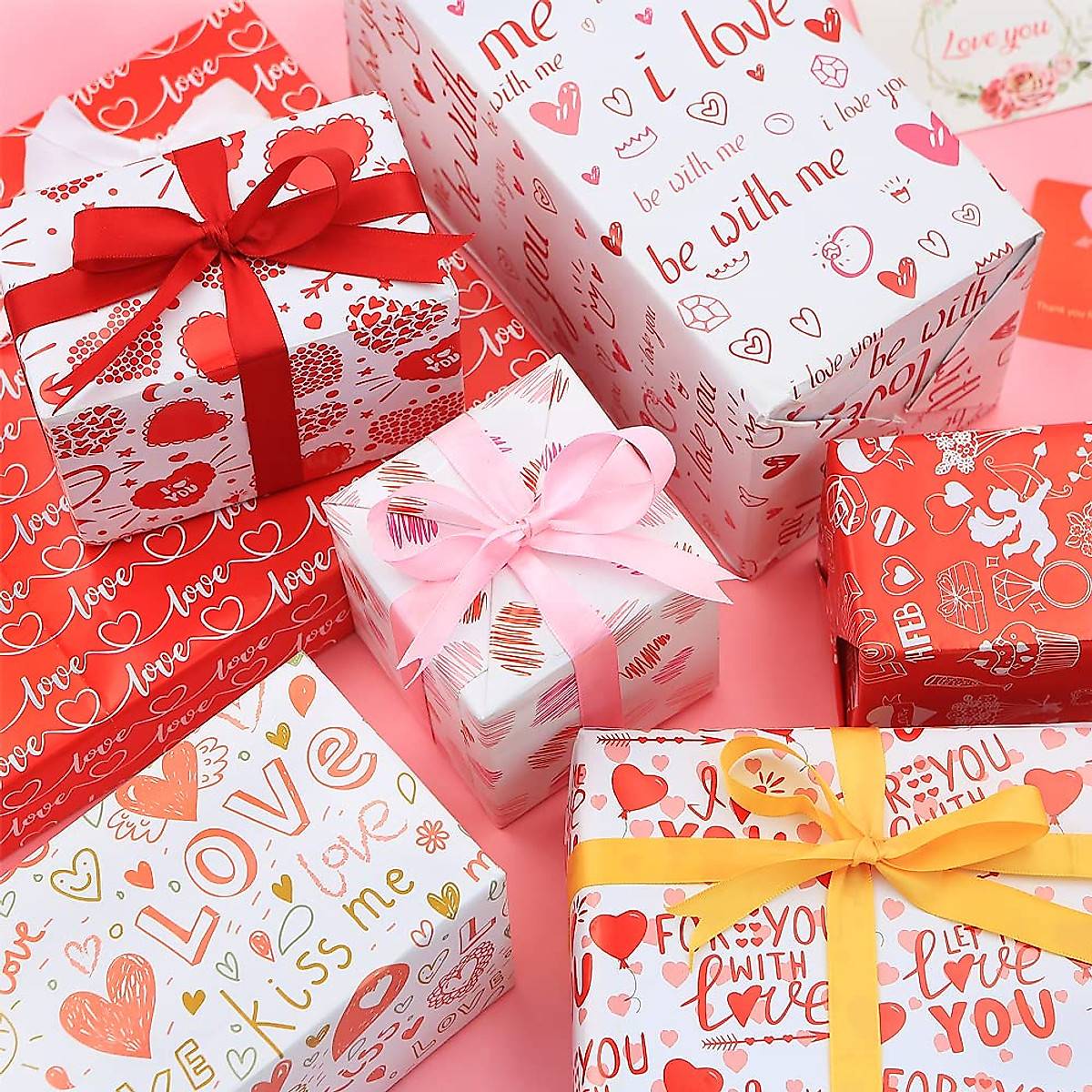 Valentine's Day Gift Wrap Paper,7 Sheets 7 Design Red White Pink Heart Wrapping Paper Set,Funny Love Wrapping Paper With 3-Color Ribbon For Adult Men Women Mothers Fathers Day Birthday Holiday Wedding