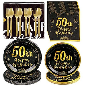 YHomU 121Pcs 50th Birthday Party Supplies in 1973 Birthday Party Decoration Cheers to 50th Paper Plate Napkin Fork Tablecloth, 50th Birthday Decoration for 24 Guests