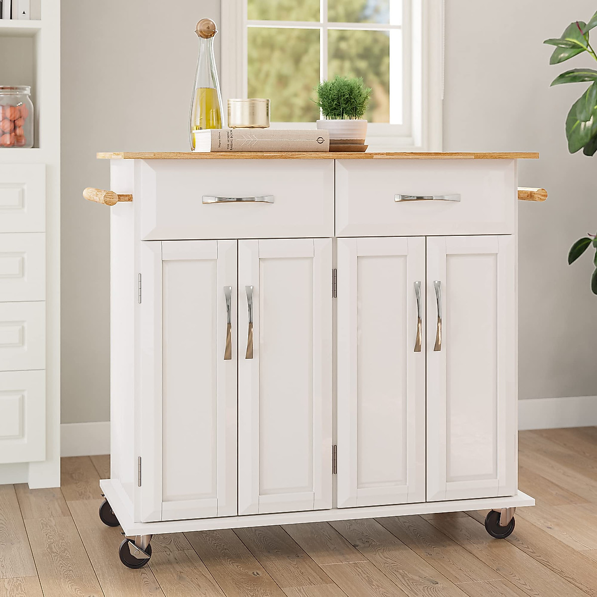 BELLEZE Rolling Kitchen Island Cart on Wheels with Storage Cabinet, Mobile Kitchen Cart Island Table with 2 Drawers Towel Racks Rubber Wood Top Coffee Bar for Dinning Room, 41.7”Lx18.5”Wx37”H, White