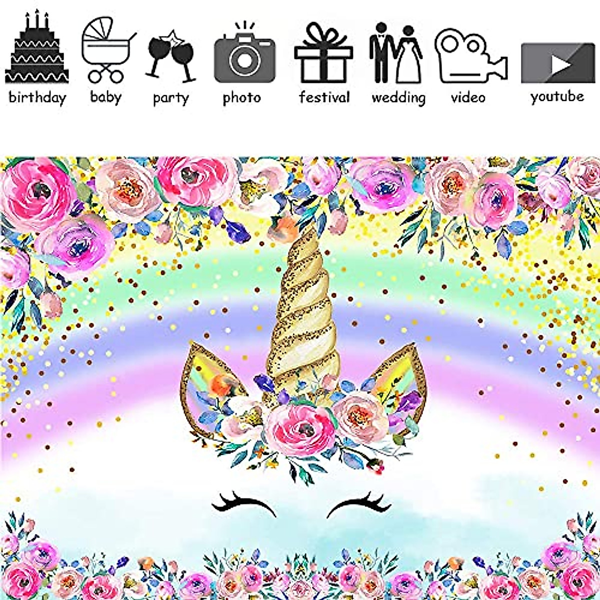 HUAYI 5x3ft Unicorn Party Wall Decorations Rainbow Baby Shower Flowers Birthday Dessert Table Banner Photo Booth phonecall Photography Backdrop Background for Photo Studio w-1769