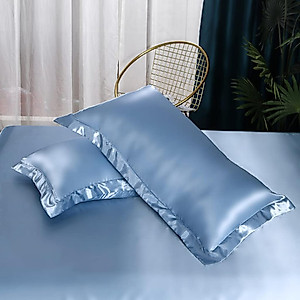 Feelyou Light Blue Silk Like Satin Bedding Set Queen Women Duvet Cover Set Luxury Soft Comforter Cover Adults Bedroom Decor Chic Luxurious Silky Bedspread Cover Zipper (1 Duvet Cover + 2 Pillow Case)