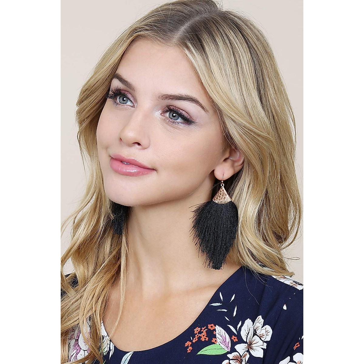 Bohemian Silky Thread Fan Fringe Tassel Statement Earrings - Lightweight Strand Feather Shape Dangles (Feather Fringe - Black)