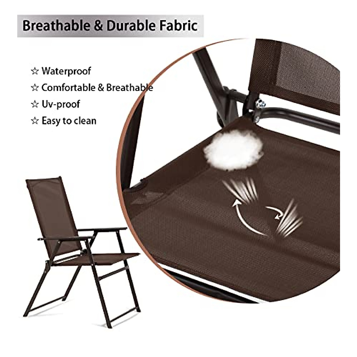 Bigroof Patio Dining Chairs Set of 2, Outdoor Portable Folding Chairs, 2-Pack Patio Chairs, Lawn Chair with Armrest and Metal Frame, Suitable for Camping Pool Beach Deck (2, Brown)