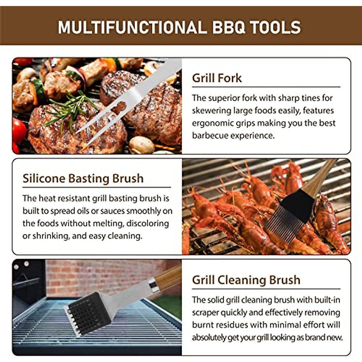 SixSun 30PCS BBQ Grill Tools Set Wooden Handle Stainless Steel Grilling Accessories with Spatula, Tongs, Skewers for Barbecue, Camping, Kitchen, Complete Premium Grill Utensils Set - Brown