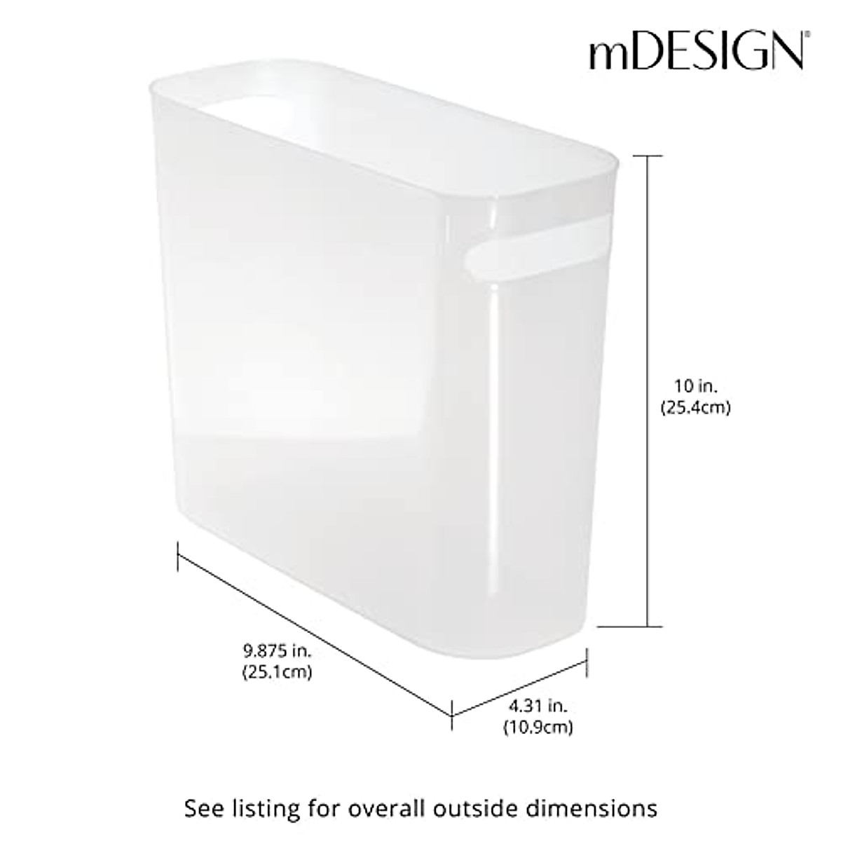 mDesign Plastic Small Trash Can, 1.5 Gallon/5.7-Liter Wastebasket, Narrow Garbage Bin with Handles for Bathroom, Laundry, Home Office - Holds Waste, Recycling, 10" High - Aura Collection, Frost White
