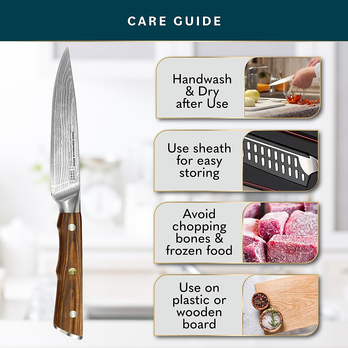 Home Hero Japanese Utility Knife Collection - VG10 Damascus Steel Triple Rivet Ultra Sharp 67 Layers Kitchen Knife with Ergonomic Rosewood Handle - Unique Gift for Men & Women (5 Inch Utility Knife)