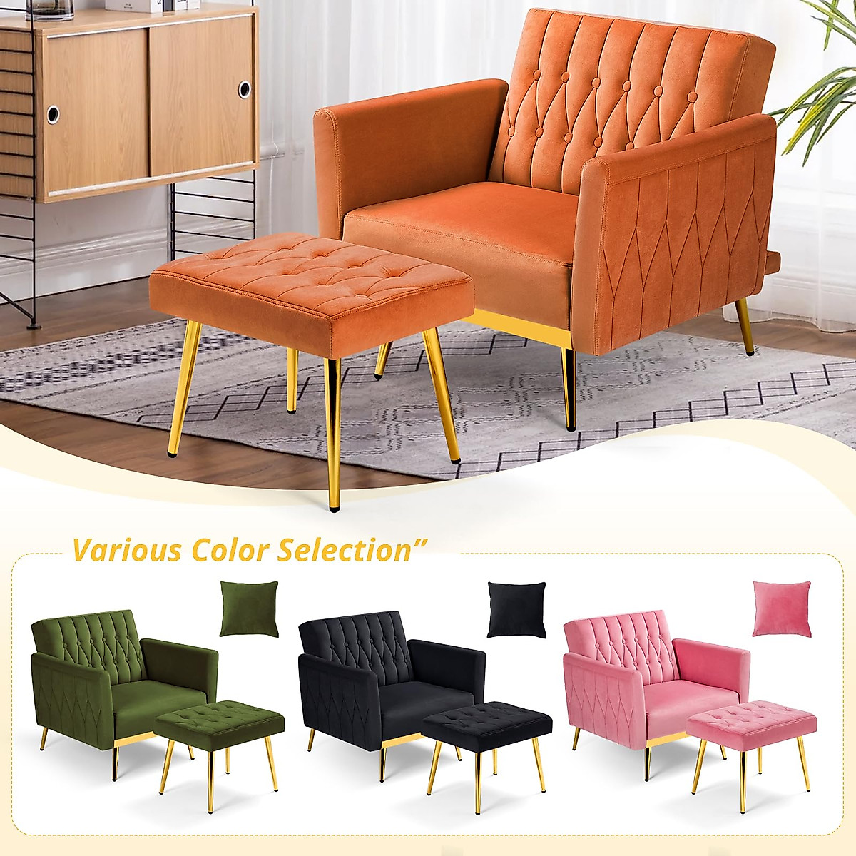 ACMEASE Velvet Accent Chair w/Adjustable Armrests and Backrest, Button Tufted Lounge Chair, Single Recliner Armchair with Ottoman and Pillow for Living Room, Bedroom,Orange