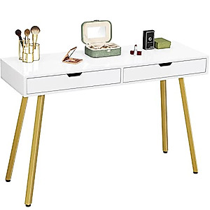 GreenForest Vanity Desk with Glossy Desktop, 39 inch Makeup Desk with 2 Drawers Dressing Table for Girls Women Bedroom Modern White Writing Computer Laptop Desk for Home Office, Gold