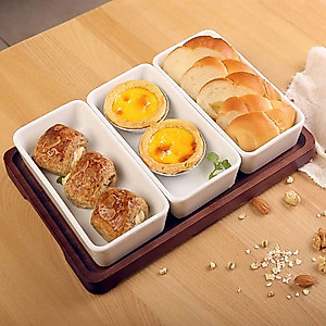 Elsjoy Set of 3 Ceramic Serving Bowls with Wooden Tray, Snack Serving Tray Divided Serving Platter for Appetizer, Fruits, Bread