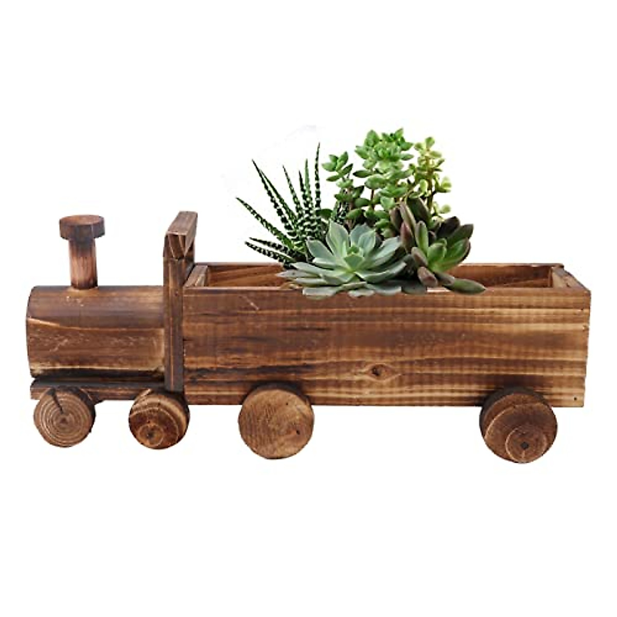 Sempoda Creative Wooden Plants Flower Pot for Succulent Plants, Cartoon Train Shape Planter Container Bonsai, Cute Rustic Landscape Ornament for Desk Garden Home Office Balcony Courtyard Decor