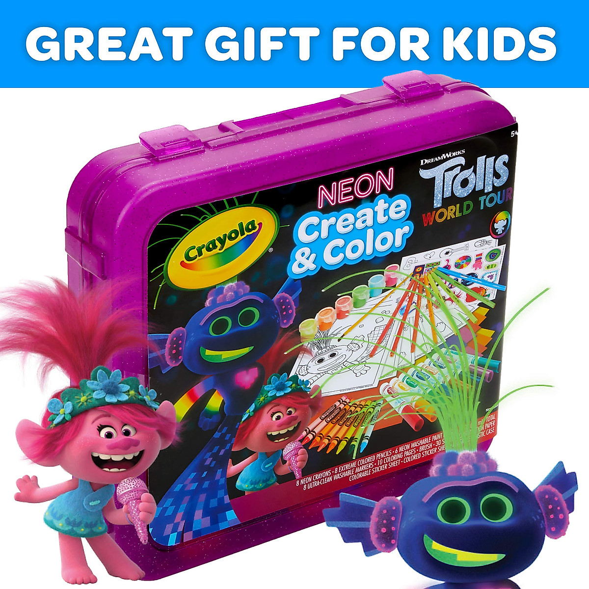 Crayola Trolls World Tour, Neon Create & Color Art Set, Over 70 Art Supplies, Gift for Kids, 5, 6, 7, 8
