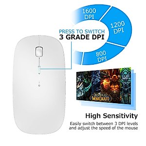 Bluetooth Wireless Mouse, Dual Mode Slim Rechargeable Wireless Mouse Silent Cordless Mouse with Bluetooth 4.0 and 2.4G Wireless, Compatible with Laptop, PC, Windows Mac Android OS Tablet (White)