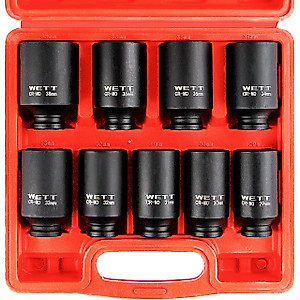 WETT 1/2" Drive Deep Impact Socket Set, 9-Piece Spindle Axle Nut Metric 6 Point Sockets Set, CR-MO, 29mm-38mm