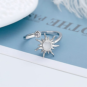 Asymmetric Rotatable Spinner CZ Ring for Women Girls Anti Anxiety Stress Relief Peace Fidget Rings Silver Plating Cute Daisy Sun Star Wrap Open Finger Knuckle Statement Ring Christmas Valentines