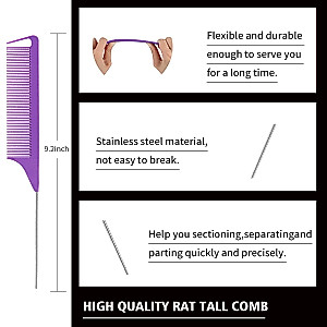 3 Pieces Hair Styling Comb Set Teasing Hair Brush Rat Tail Comb Edge Brush for Edge&Back Brushing, Combing, Slicking Hair for Women (Purple)