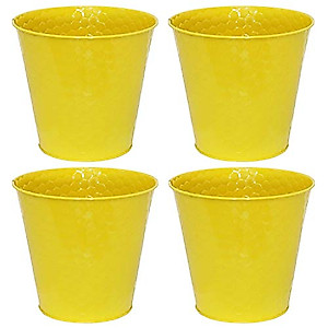 Sunnydaze Galvanized Steel Buckets with Hexagon Pattern - Set of 4 - Yellow - Small Colored Metal Decorative Pails - Indoor Use - Perfect for Storage, Decoration, Gardening and Parties