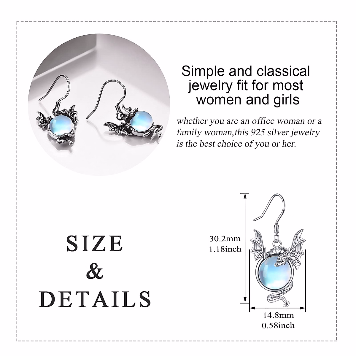 Dragon Earrings Gifts for Women 925 Sterling Silver Vintage Oxidized Dragon Moonstone Dangle Earrings Jewelry Christmas Gifts for Women