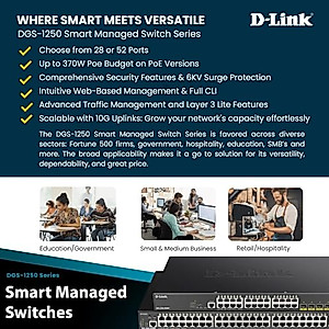 D-Link 28-Port Gigabit Smart Managed PoE+ Switch | 24 PoE+ Ports (370W) + 4 10G SFP+ Ports| L2+/L3 Lite |VLANs |Web Managed |Surveillance Mode | Rackmount | NDAA Compliant (DGS-1250-28XMP-6KV)