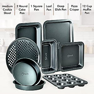 Perlli Baking Pan 8 Piece Set Nonstick Carbon Steel Gray Oven Safe Bakeware Kitchen Set, Cookie Sheet, 2 Round Cake Pans, Square Pan, Loaf Pan, Deep Dish Pan, Pizza Crisper, & 12 Cup Muffin Pan