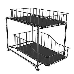 Pull Out Cabinet Organizer, 2 Tier Under Sink Organizers and Storage With Sliding Baskets, Stackable Iron Under Sink Storage for Kitchen, Bathroom, Cabinet, Countertop, Office and More, 1 Pack, Black