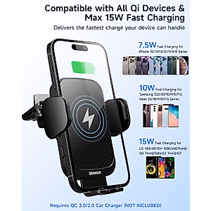ZOOAUX Wireless Car Charger Vent Mount, 15W Fast Charging Auto-Clamping Car Mount, Air Vent Car Phone Holder for iPhone 15/15 Pro/14/13 Pro/XS/XR/X/8,Samsung S24/S23/22/S21/S10 (Black)