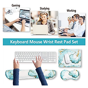 ArtSo Keyboard Wrist Rest and Mouse Pad with Wrist Support Set Ergonomic Coaster, Memory Foam Mousepad Non-Slip Rubber Base Durable Comfortable for Easy Typing Pain Relief, Teal Turqoise Marble