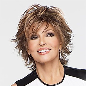 SENHORAS Short Hair Wigs for White Women Dark Brown Mixed Blonde Pixie Cut Wig with Bangs Brown with Highlights Wavy Synthetic Wig Natural Real Hair