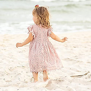 Niyage Toddler Girls Elegant Lace Pom Pom Flutter Sleeve Party Princess Dress Dusty Pink 90