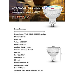 LGIDTECH FUT104 Miboxer 4W MR16 Led 2.4GHz Bulb Spotlight GU5.3 Socket AC/DC 12V RGB+CCT Color and Temperature Changeable Dimmable,But Single Bulb Wouldn't Work.Controller and Hub is Sold Separately