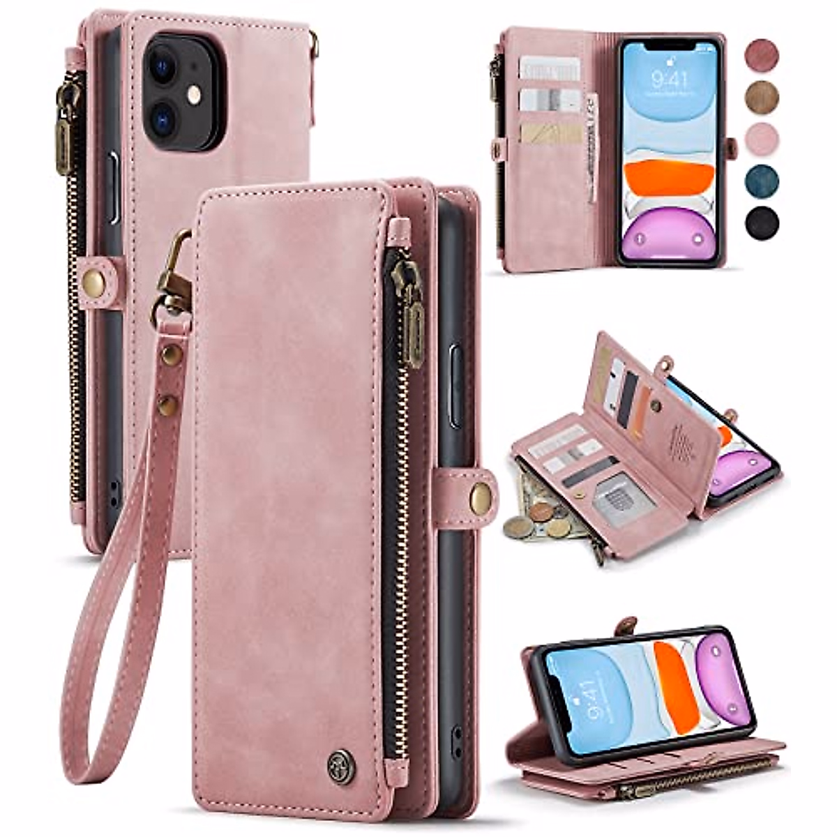 Defencase Wallet Case for Women Men, Durable PU Leather Magnetic Flip Lanyard Strap Wristlet Zipper Card Holder Phone Cases for iPhone 11 6.1-inch, Rose Pink