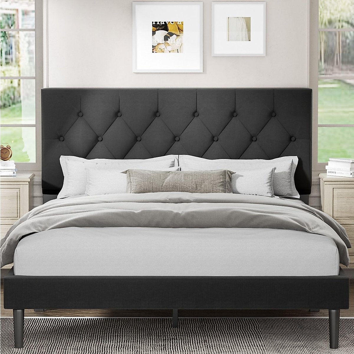 Full Size Platform Bed Frame with Upholstered Headboard, Button Tufted Design, No Box Spring Needed, Dark Grey