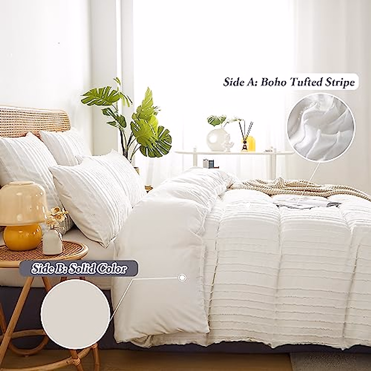 Nayoroom White Boho Duvet Cover Set Queen Size Striped Textured Tufted Bedding Sets 3 Pieces Soft Lightweight Washed Microfiber Farmhouse Aesthetic Comforter Cover with Zipper Closure for All Seasons
