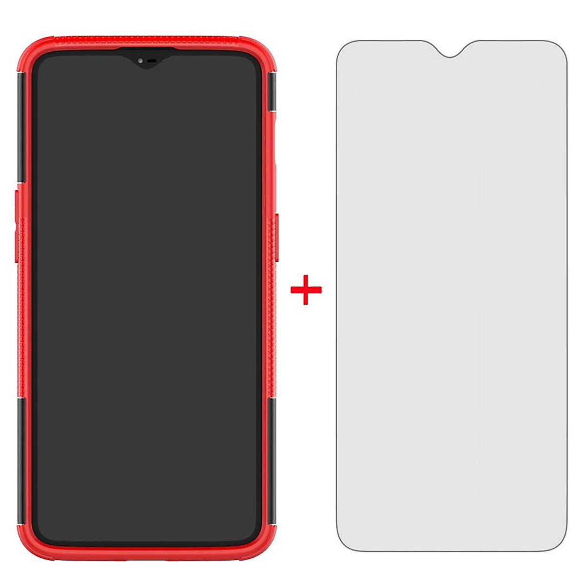 Phone Case for Oneplus 7 6T with Tempered Glass Screen Protector Cover and Stand Hard Rugged Hybrid Cell Accessories Oneplus6T A6013 Oneplus7 GM1900 One Plus6T 1+ Plus7 1 Plus 1plus Cases Black Red