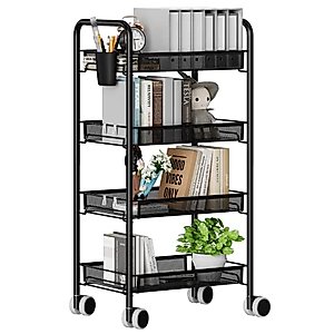 DMplus 4-Tier Metal Rolling Cart on Wheels with Baskets, Easy Carry and Assemble Multifunction Utility Cart with Practical Bucket and Hooks, Black MRC01B