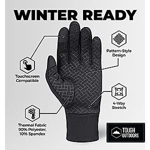 Tough Outdoors Running Gloves with Touch Screen - Black Winter Glove Liners for Texting, Cycling, Driving for Men & Women - Thin, Lightweight & Warm Cold Weather Thermal Sports Gloves