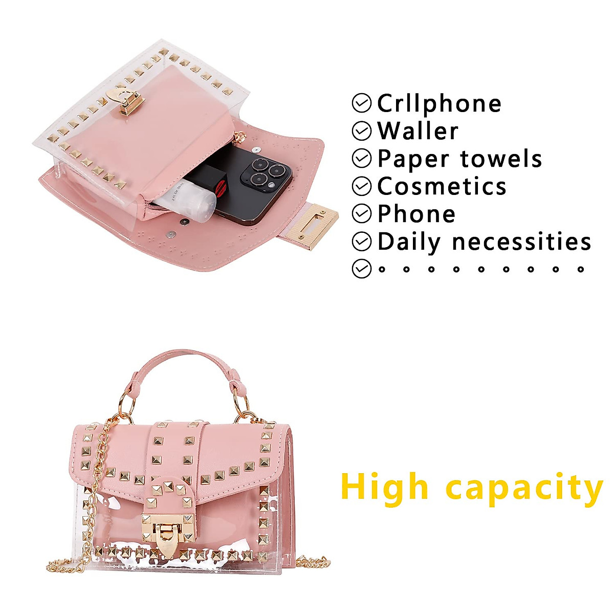 Qiayime Womens Fashion Purses and Handbags Shoulder Bag Ladies Rivet PVC Jelly Purse Designer Satchel Messenger Tote Bag (Pink)