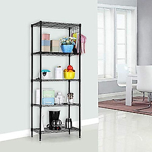 samanoya 5-Shelf Adjustable Industrial Storage Wire Shelving Unit with Hook,Heavy Duty Utility Layer Rack Organizer for Kitchen,Steel Organizer Metal Rack - Chrome - (21.25 x 11.42 x 59.06)
