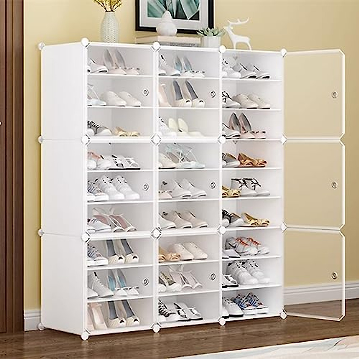 XUANIIIL Portable Shoe Rack Organizer with Door, 72 Pairs Shoe Storage Modular Cabinet, Plastic Adjustable Box Shelves Stackable Detachable DIY Standing Shelf Rack (3 * 12-Tiers)