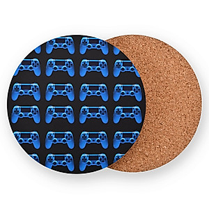 Video Game Joystick Gamepad in Blue Neon Lights Isolated on Black 4 Pcs Tea Wooden Round Coaster Set, Non-Slip Lightweight Wooden Coaster for Party Home Office Kitchen Bar Coffee Table