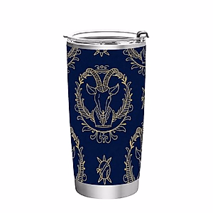 Gold Zodiac Sign Aries Navy Blue Stainless Steel water bottle with straw Leak-proof Lid and Straw insulated travel coffee mug for Home, Office or Car Aesthetic tumbler with lid and straw 20 OZ