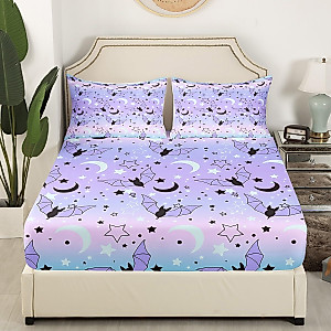 Halloween Bat Fitted Sheet Twin Size Glitter Stars Moon Galaxy Bed Sheets for Kids Child Halloween Decorations,Gradient Pastel Pink Teal Purple Bedding Sets Kawaii Halloween Home Decor