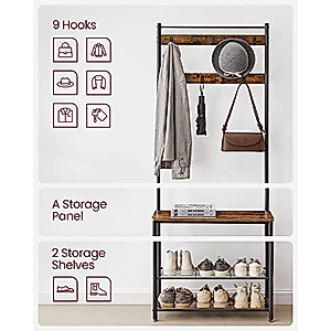 VASAGLE Coat Rack, Hall Tree with Shoe Storage Bench, Entryway Bench with Shoe Storage, 3-in-1, Steel Frame, for Entryway, 12.6 x 27.6 x 69.8 Inches, Industrial, Rustic Brown and Black UHSR41BX